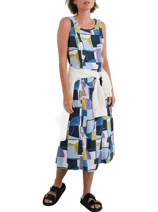 SEASALT CORNWALL Printed Sleeveless Linen Midi Dress - Block Shapes Bilberry