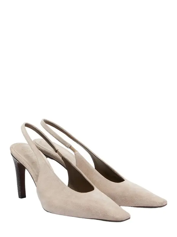 Brunello Cucinelli 80 Monili Suede Slingback Pumps - Grey
