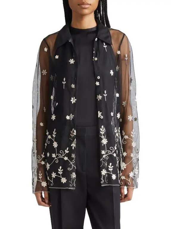 TOTEME Floral Embroidered Tulle Shirt - Black/ White