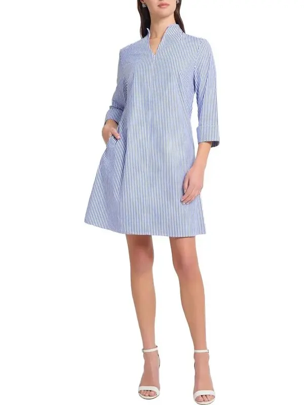 Ming Wang Front Zip Stretch Cotton Shirt Dress - Sapphire Sea/white