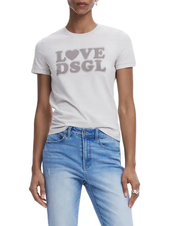 Desigual Rhinestone Embellished Graphic T-shirt - Neutral Gray