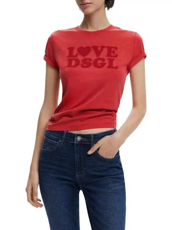Desigual Rhinestone Embellished Graphic T-shirt - Orange Red