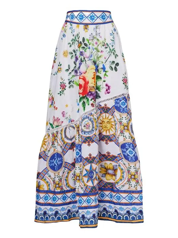 Camilla Printed Linen Maxi Skirt - White