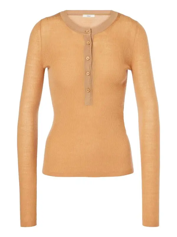 Chloé Ribbed-knit Wool Henley Shirt With Lace Collar - Orange