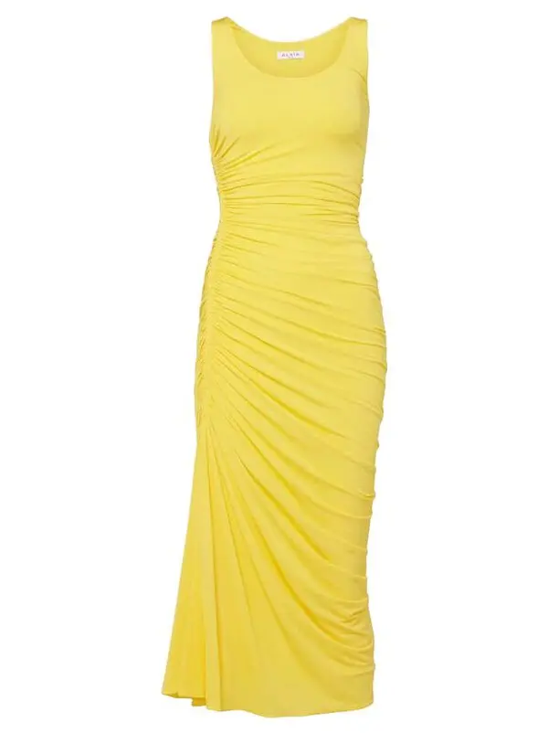 Alaïa Asymmetric Gathered Jersey Midi Dress - Yellow