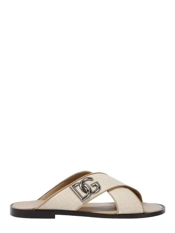 Dolce & Gabbana Leather-trimmed Canvas Slides - Neutrals