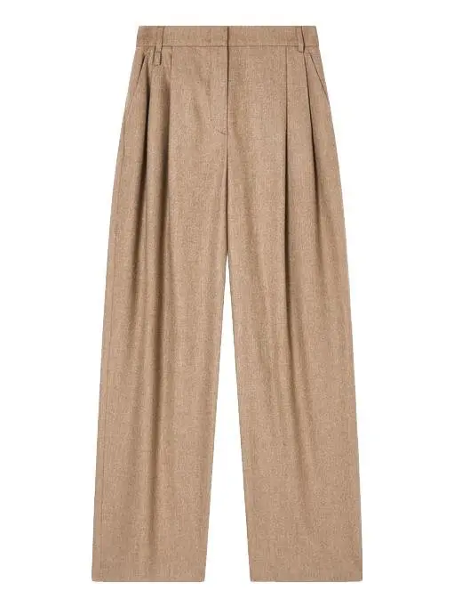 Emporio Armani Icon Wool Flannel Wide Leg Trousers With Pleats - Brown / Neutral