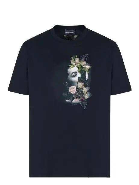 Emporio Armani Asv Jersey T-shirt With Embroidery And Print Of A And Foliage - Black