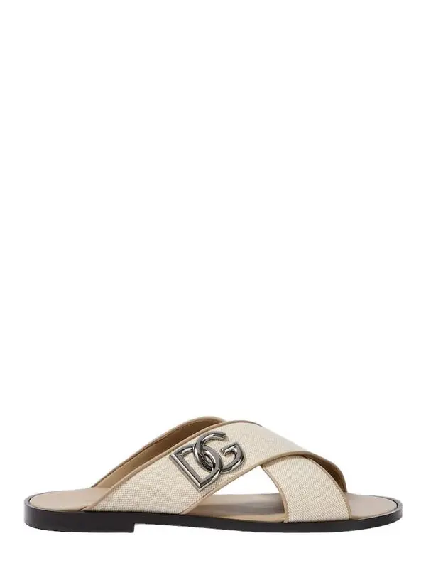 Dolce & Gabbana Dg Leather-trimmed Canvas Slides - Neutrals