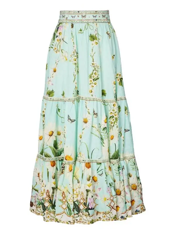 Camilla Floral Tiered Linen Maxi Skirt - Blue