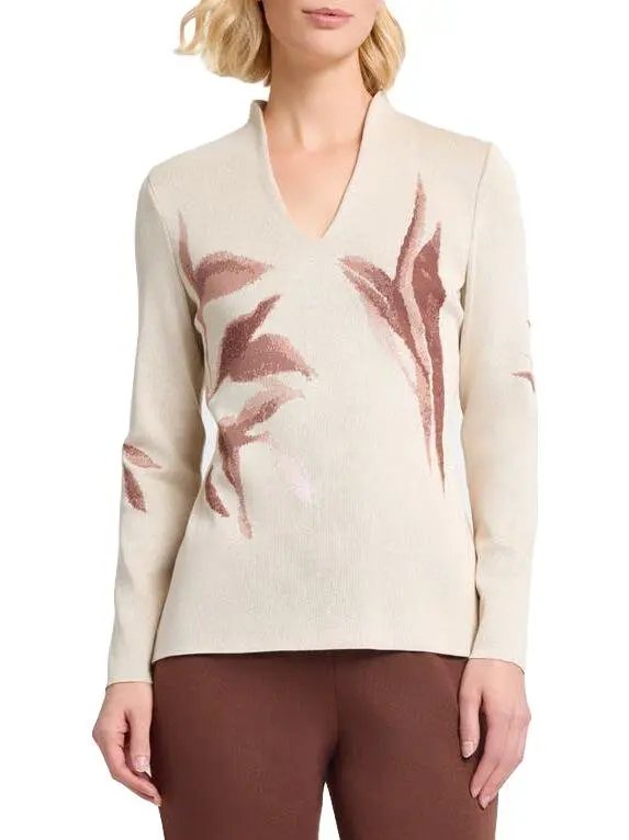 Misook Botanical Jacquard Knit Top - Biscotti/ Charmeuse/ Truffle