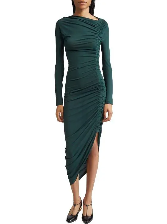 FERRAGAMO Side Ruched Asymmetric Long Sleeve Jersey Dress - Moss
