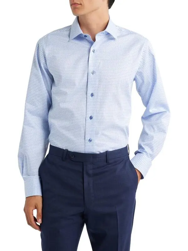 Lorenzo Uomo Trim Fit Textured Grid Cotton Dress Shirt - Light Blue