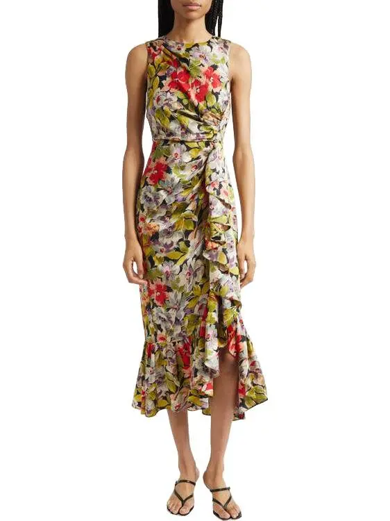 Cinq À Sept Canyon Bloom Elvira Silk Midi Dress - Black Multi