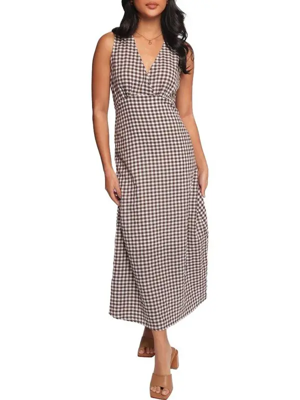 PETAL & PUP Checked Sleeveless Midi Dress - Brown Gingham