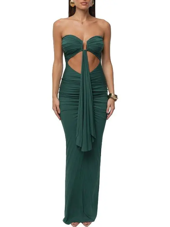 JLUXLABEL Drape Cutout Strapless Body-con Maxi Cocktail Dress - Green