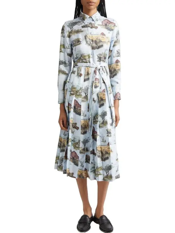 Thom Browne Long Sleeve Pleated Silk Toile Midi Shirtdress - Seasonal Multi