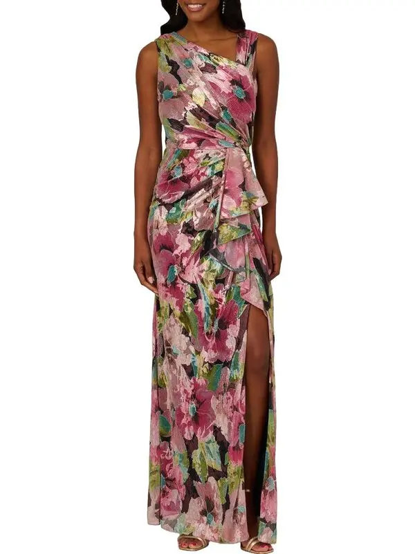 Adrianna Papell Asymmetric Metallic Floral Gown - Pink Multi