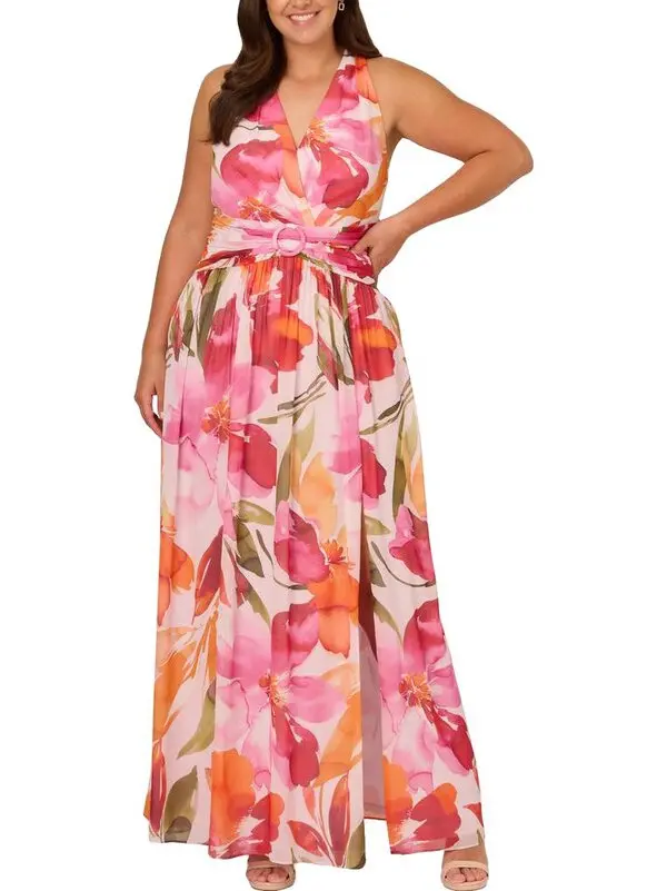 Adrianna Papell Floral Print Sleeveless Chiffon Gown - Pink/ Orange Multi