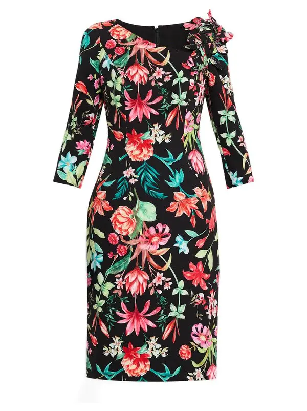 Rickie Freeman For Teri Jon Floral-print Scuba Dress - Black Multi