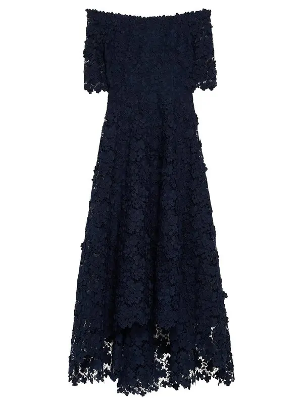 Rickie Freeman For Teri Jon Floral Lace High-low Maxi Dress - Navy