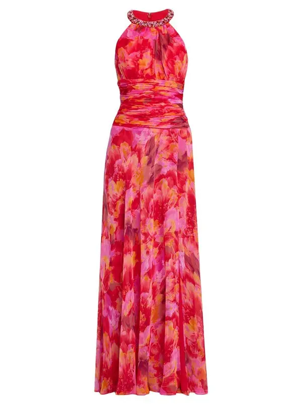 Rickie Freeman For Teri Jon Beaded Floral-print Chiffon Halter Gown - Red Multi