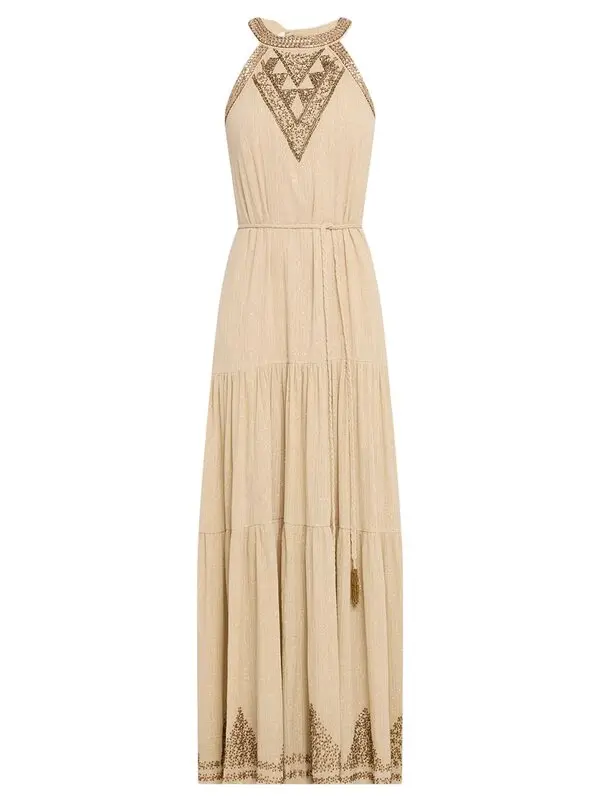 Kobi Halperin Paige Beaded Tiered Halter Maxi Dress - Beige