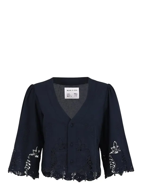 CISSA Lace-trimmed Button-front Blouse - Navy Vintage Lace