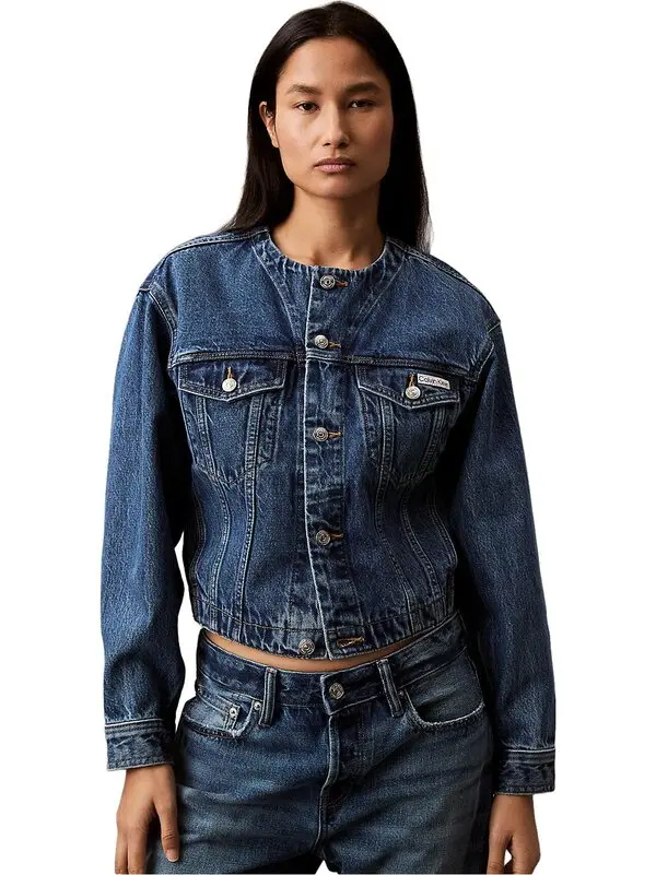 Calvin Klein Cropped Collarless Denim Trucker Jacket - Blue Aster