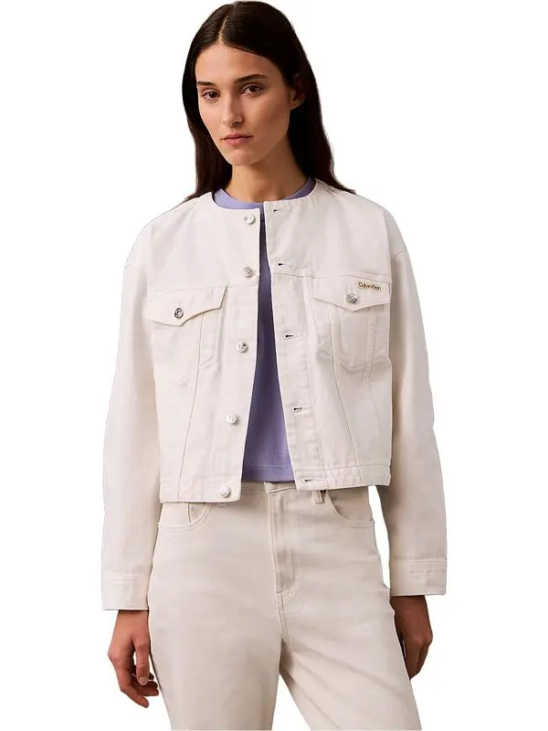 Calvin Klein Cropped Collarless Denim Trucker Jacket - Optic White