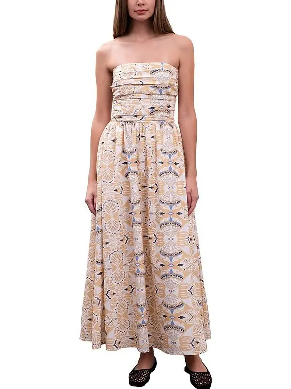 Moon River Printed Ruched Poplin Maxi Dress - Yellow Multi