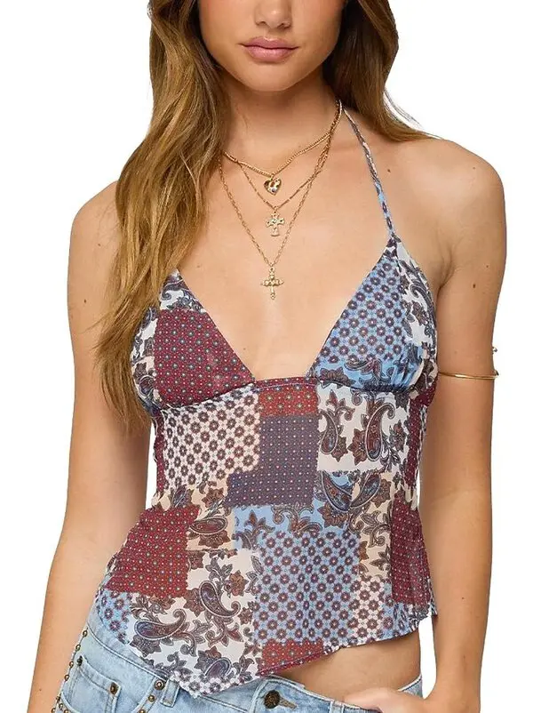 EDIKTED Patchwork Backless Halter Top - Mix