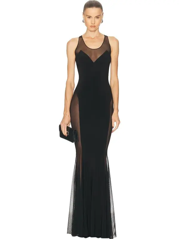 Norma Kamali Low Back Racer Fishtail Gown - Black & Black Mesh