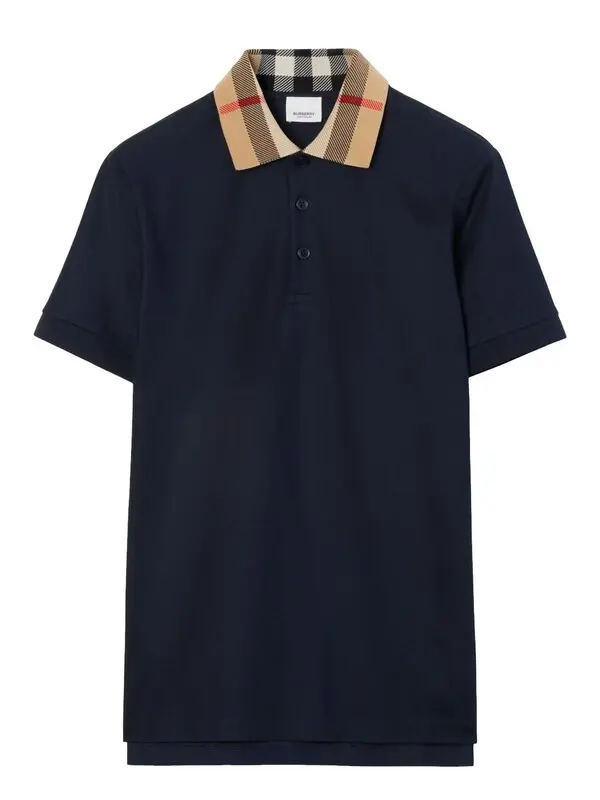 Burberry Check Collar Cotton Polo Shirt - Blue