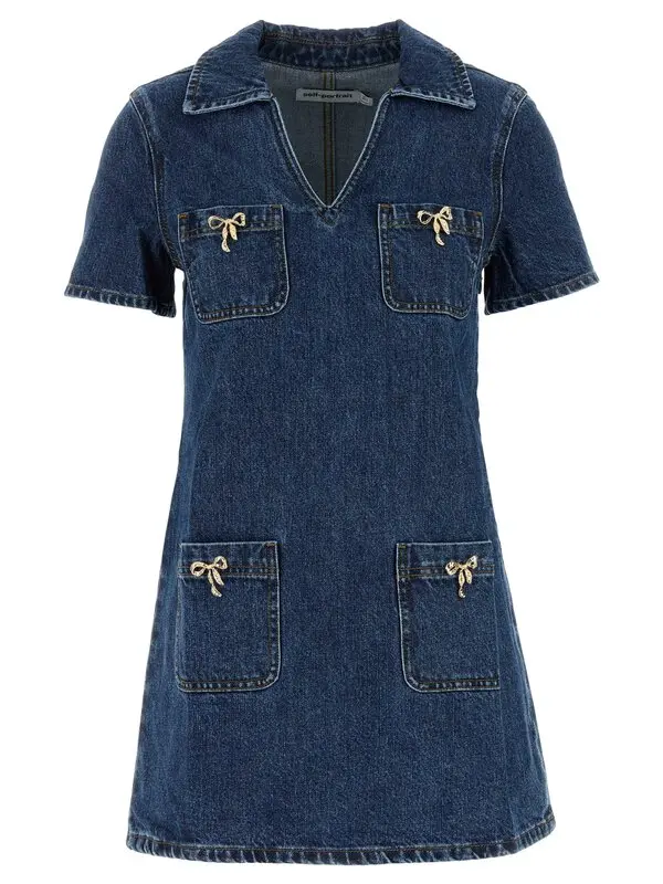SELF-PORTRAIT Cotton Mini Dress With Bows - Denim