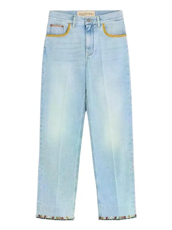 Valentino Garavani Floral-hem Faded Jeans - Blue