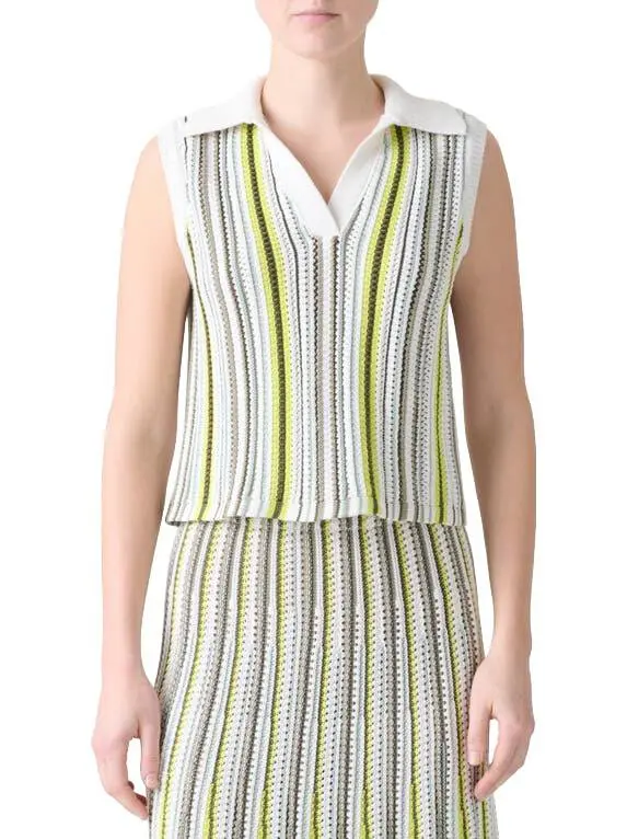 Akris Stripe Mixed Stitch Sleeveless Polo Sweater - Khaki Multicolor