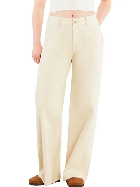 HINT OF BLU Patch Pocket Wide Leg Jeans With Raw Hem - Almond Milk