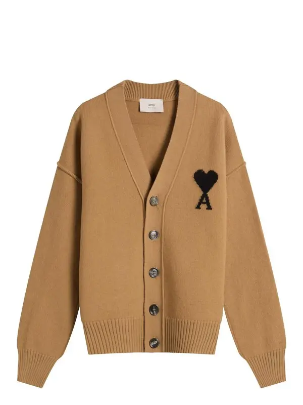 Ami Felted Merino Wool Knit Adc Cardigan - Camel/noir