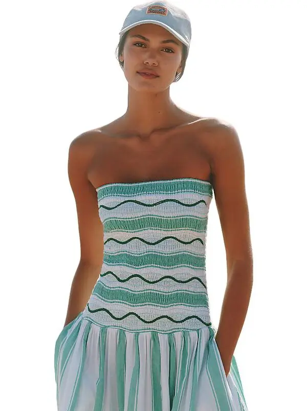 CELANDINE Strapless Smocked Drop-waist Midi Dress - Green/white Stripe