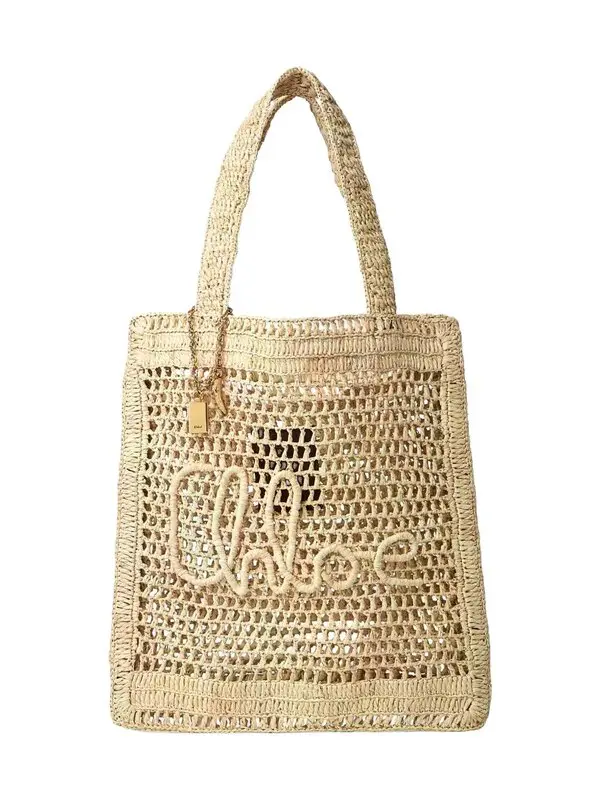 Chloé Raffia Tote Bag With Logo Detail - Neutrals