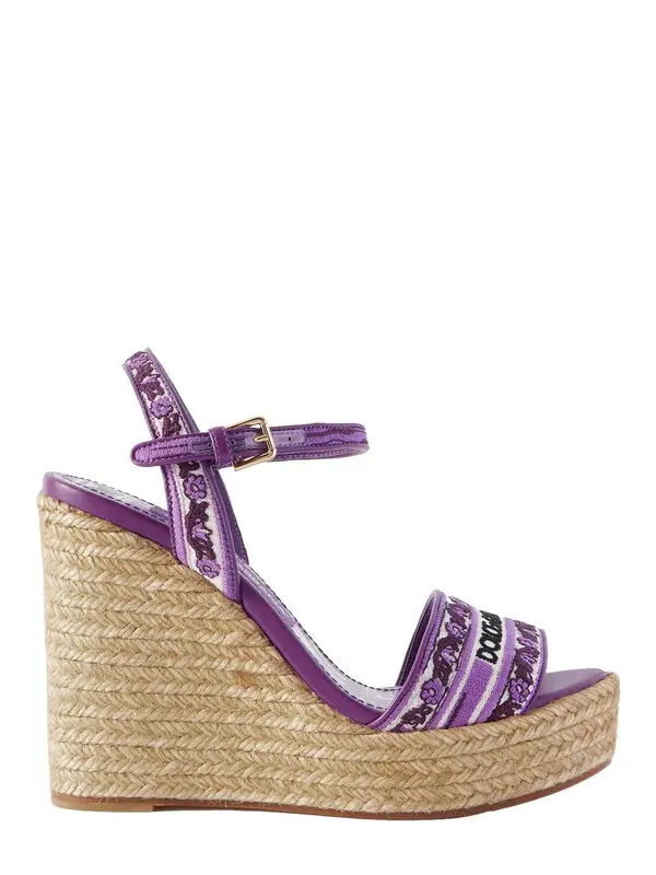 Dolce & Gabbana Leather-trimmed Embroidered Canvas Platform Wedge Sandals - Purple