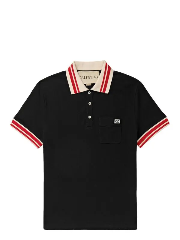 Valentino Garavani Logo-appliquéd Striped Cotton-piqué Polo Shirt - Black