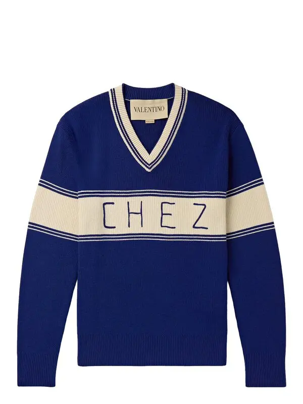 Valentino Garavani Embroidered Striped Virgin Wool And Cotton-blend Sweater - Blue