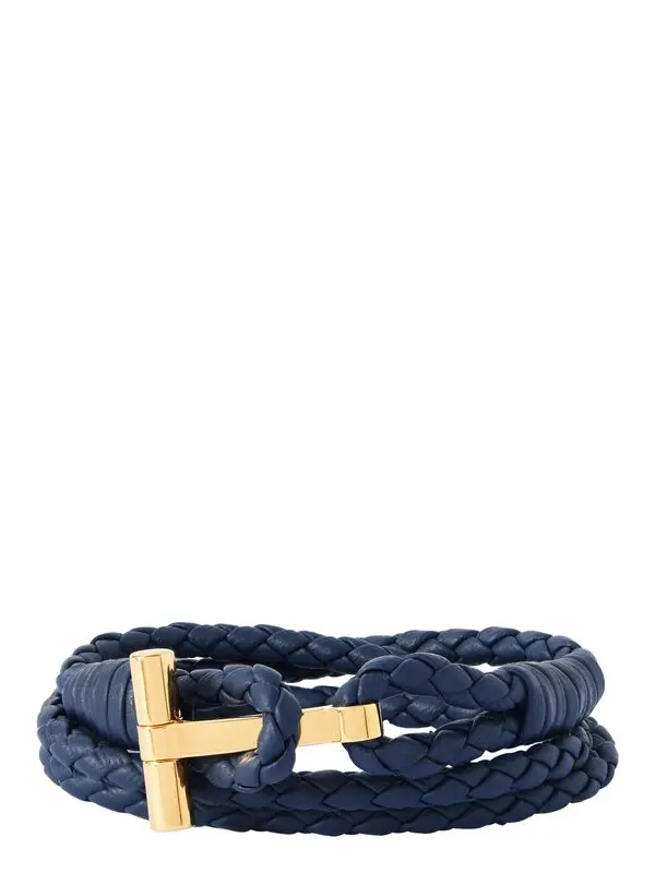 TOM FORD Woven Leather And Gold-plated Wrap Bracelet - Blue