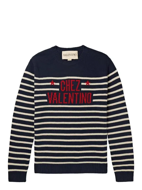 Valentino Garavani Logo-intarsia Striped Virgin Wool Sweater - Blue