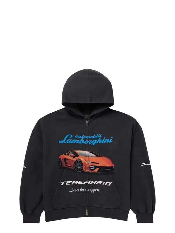 Balenciaga Lamborghini Printed Cotton-jersey Zip-up Hoodie - Black