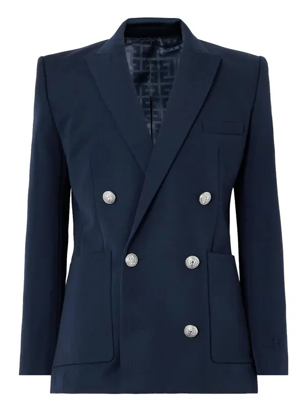 Balmain Double-breasted Grain De Poudre Wool Blazer - Blue