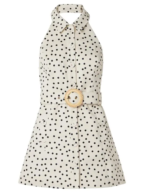 Cara Cara Parker Belted Polka-dot Denim Halterneck Mini Dress - White