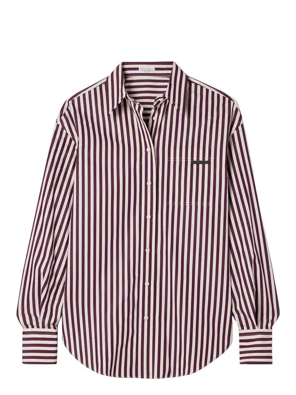 Brunello Cucinelli Bead-embellished Striped Cotton-sateen Shirt - Purple
